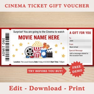 Editable Cinema Ticket Gift Voucher Template, Printable Movie Theater ...