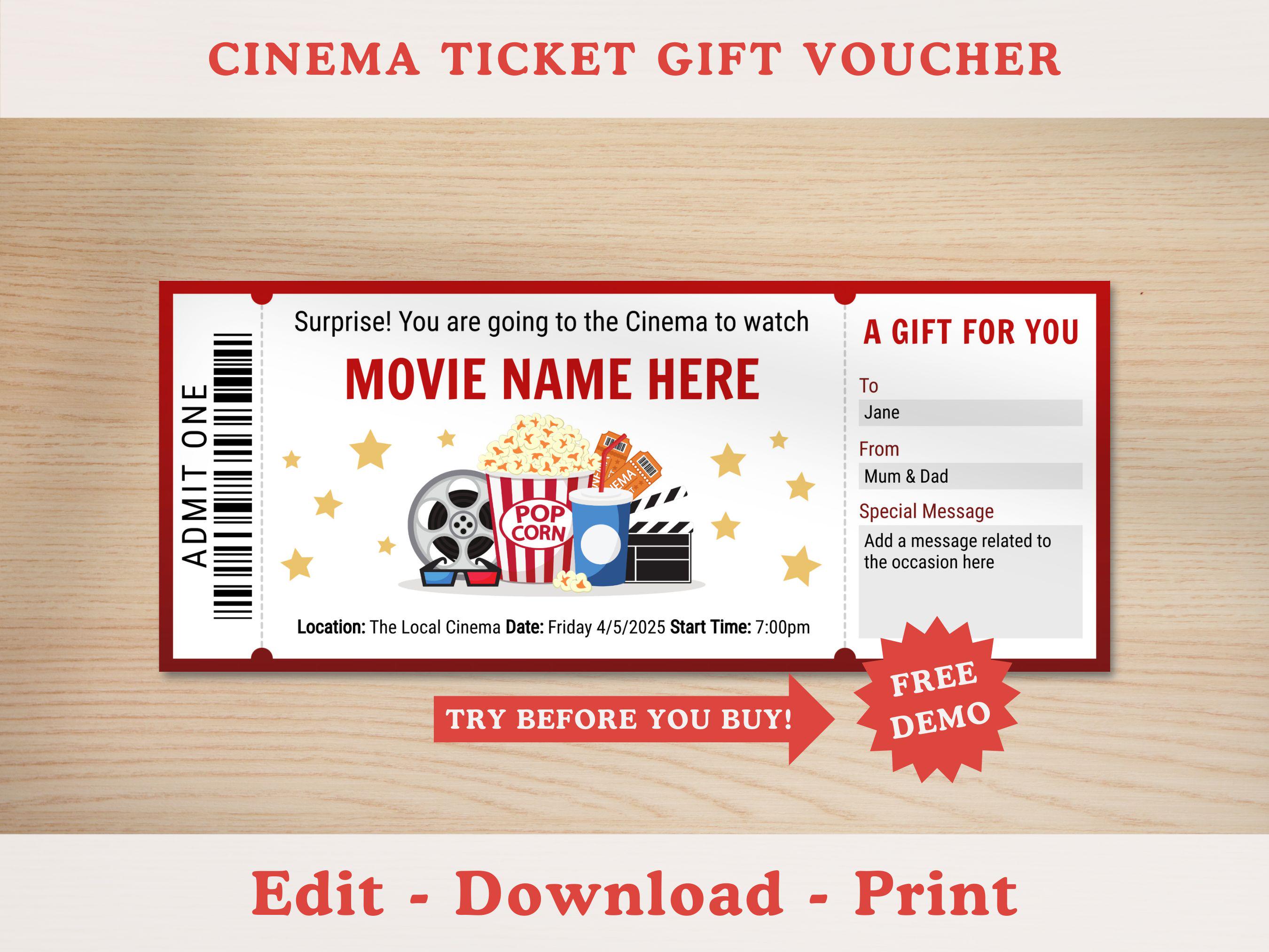 Editable Cinema Ticket Gift Voucher Template, Printable Movie Theater ...