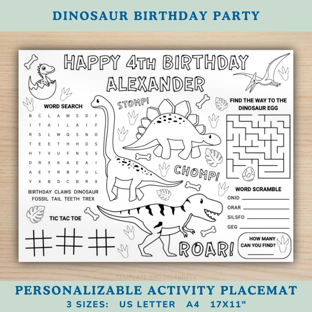 Editable Dinosaur Birthday Activity Placemat, Printable Coloring Page ...