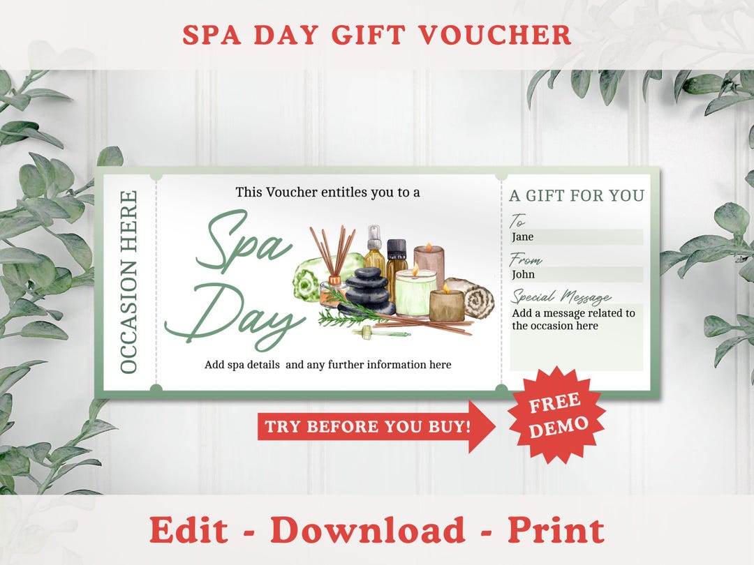 Editable Spa Day Gift Voucher Template, Spa Treatment Printable Gift ...