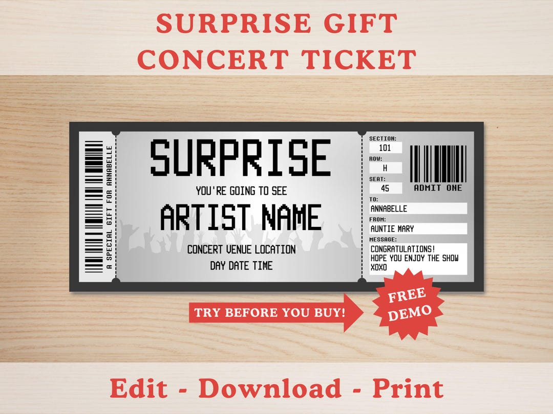 Editable Concert Ticket Template, Printable Concert Ticket, Surprise Music Event Gift Ticket ...