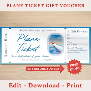 Editable Plane Ticket Gift Voucher Template, Printable Surprise Flight ...