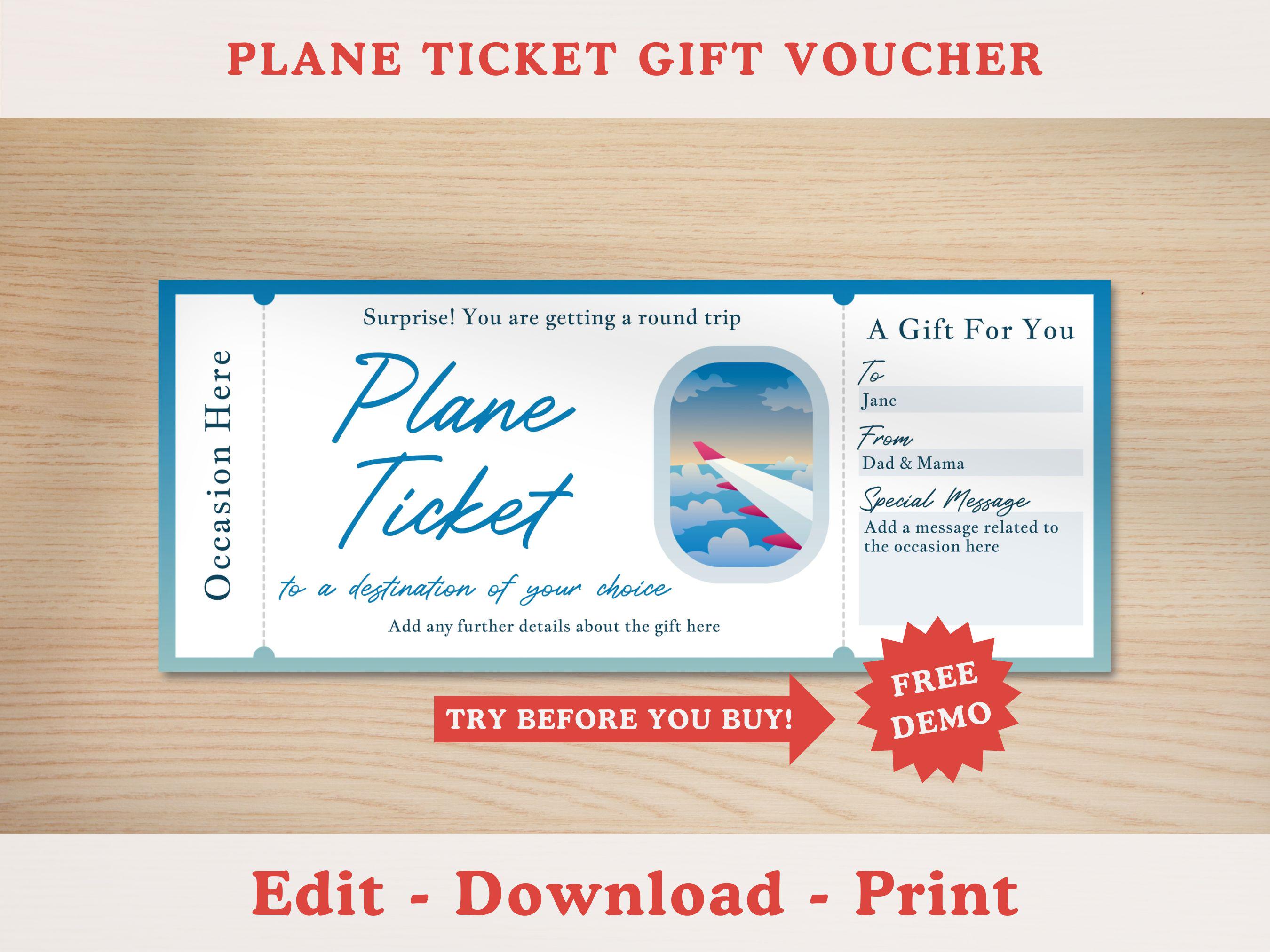 Editable Plane Ticket Gift Voucher Template, Printable Surprise Flight ...