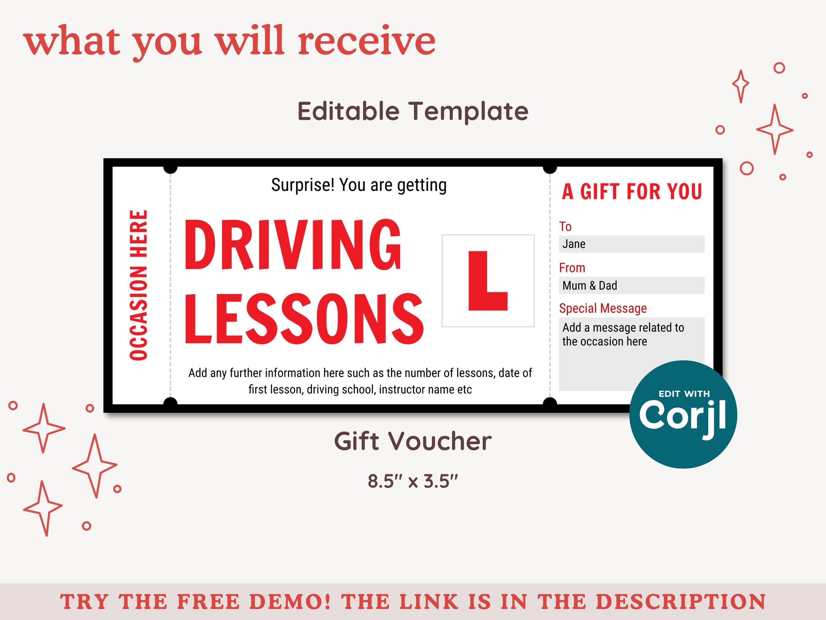 Editable Driving Lessons Gift Voucher Template, Printable Learner ...