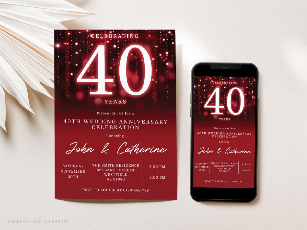 Editable 40th Anniversary Invitation Template, Printable 40th Wedding ...
