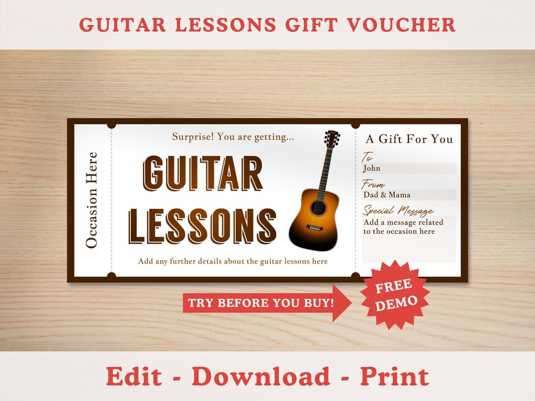Editable Guitar Lessons Gift Voucher Template, Printable Gift Ticket ...