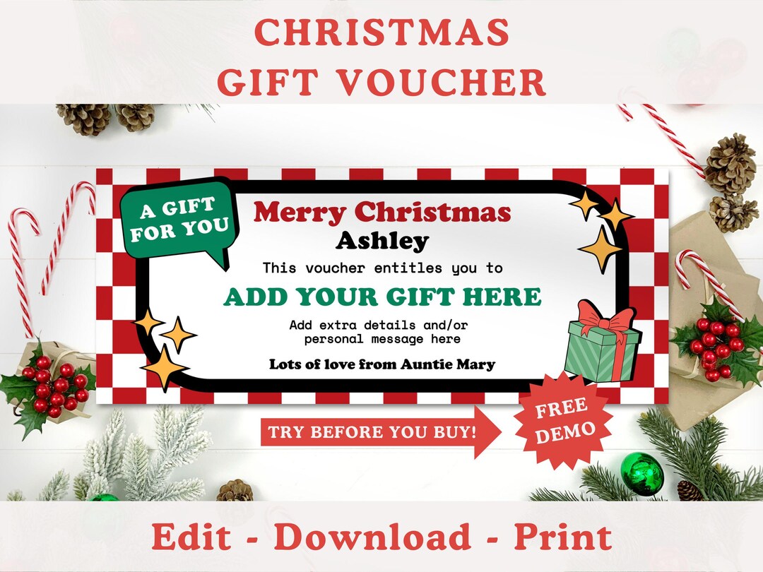 Editable Christmas Gift Voucher Template, Printable Gift Voucher Ticket ...