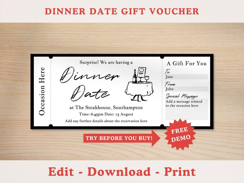 Editable Dinner Date Gift Voucher Template, Printable Gift Voucher ...