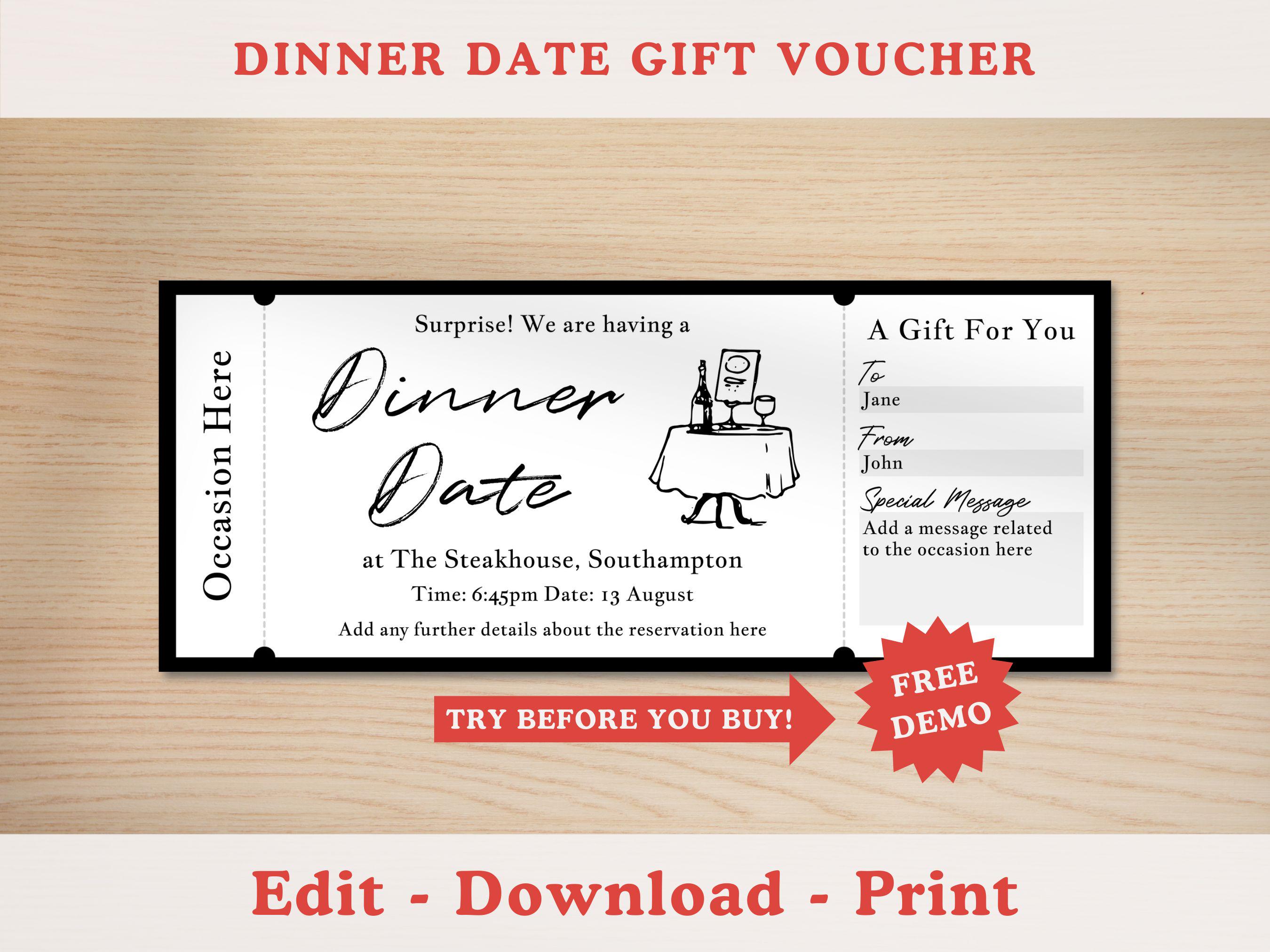 Editable Dinner Date Gift Voucher Template, Printable Gift Voucher ...