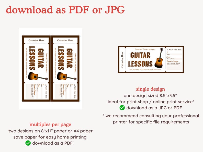 Editable Guitar Lessons Gift Voucher Template, Printable Gift Ticket ...