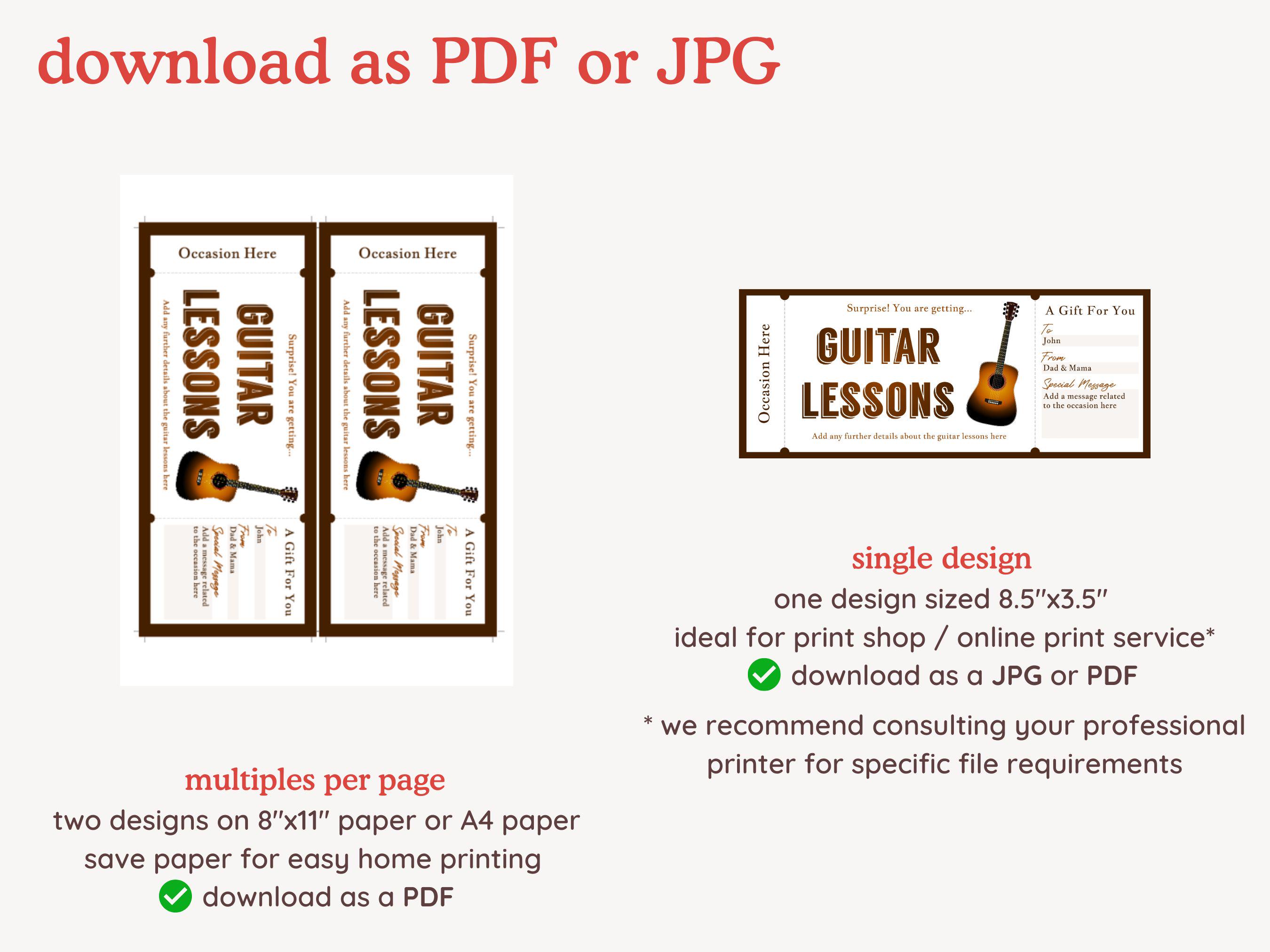 Editable Guitar Lessons Gift Voucher Template, Printable Gift Ticket ...