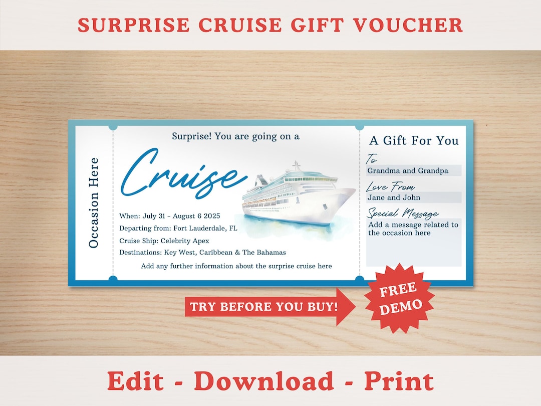 Editable Cruise Gift Voucher Template, Printable Cruise Gift Ticket ...