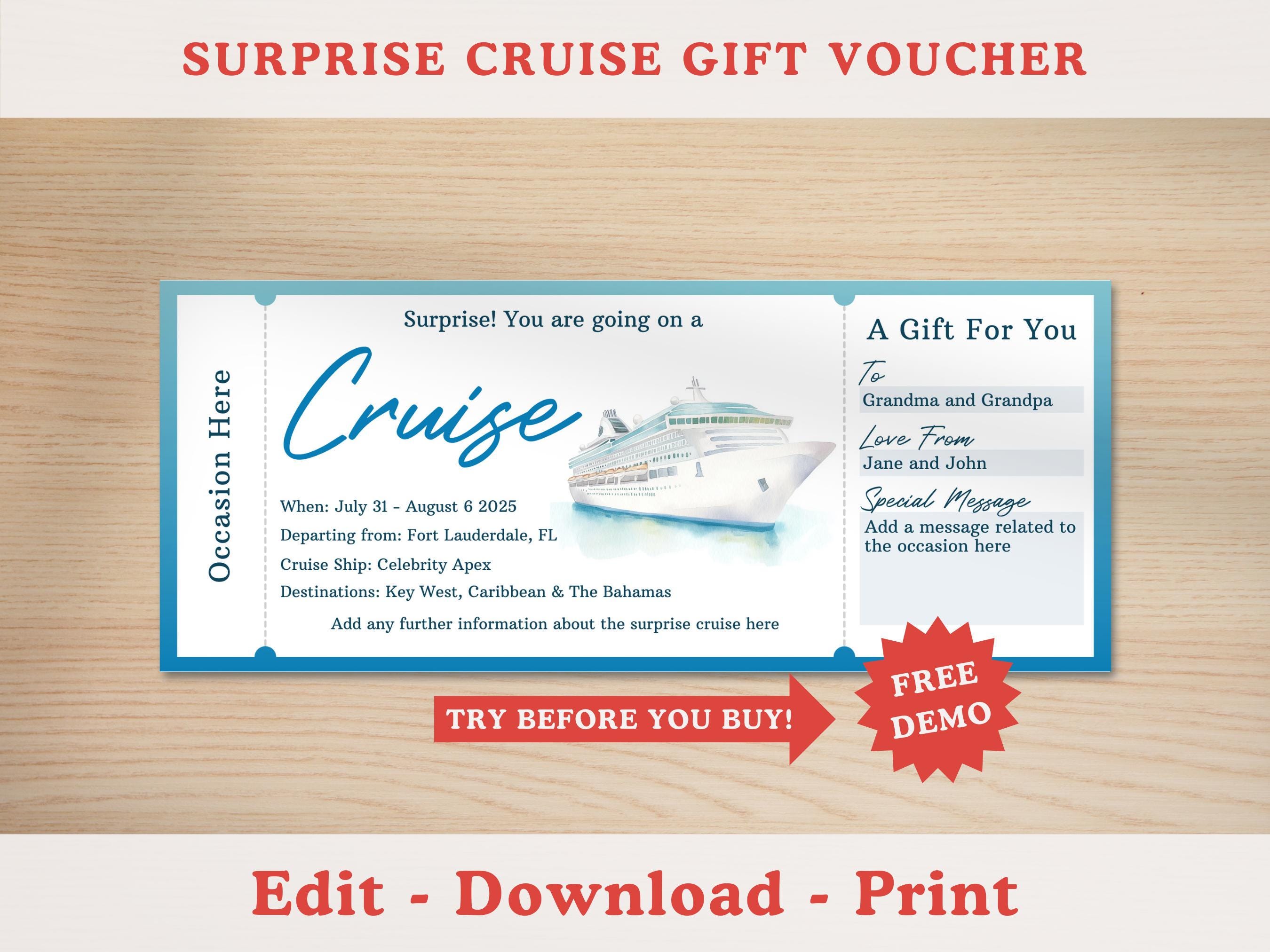 Editable Cruise Gift Voucher Template, Printable Cruise Gift Ticket ...