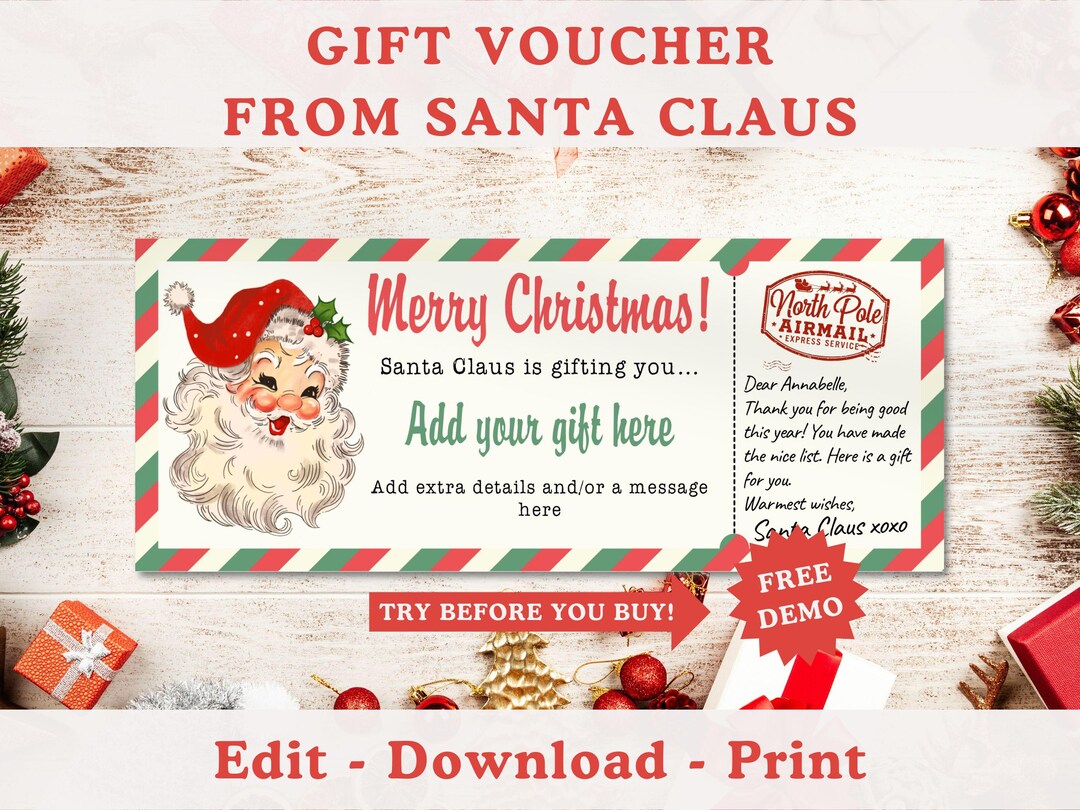 Editable Santa Christmas Gift Voucher Template, Printable Gift Voucher ...