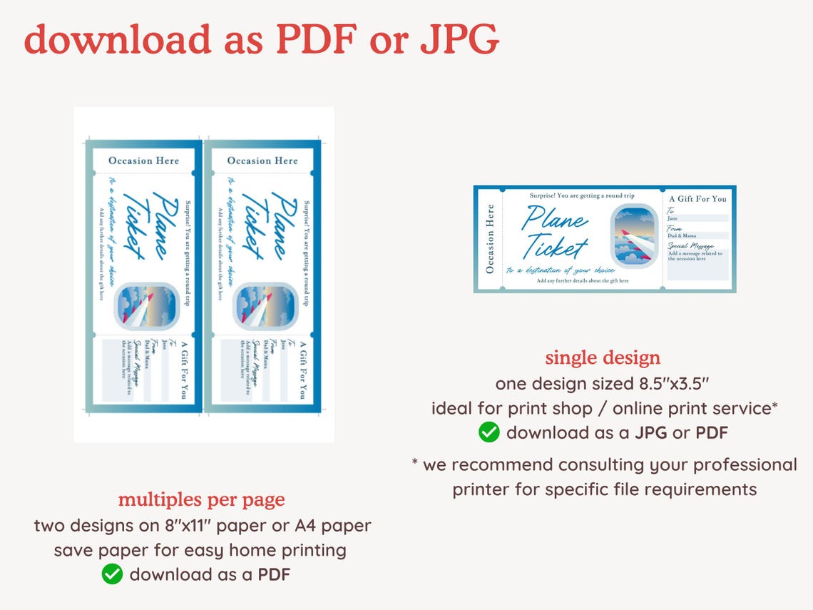 Editable Plane Ticket Gift Voucher Template, Printable Surprise Flight ...