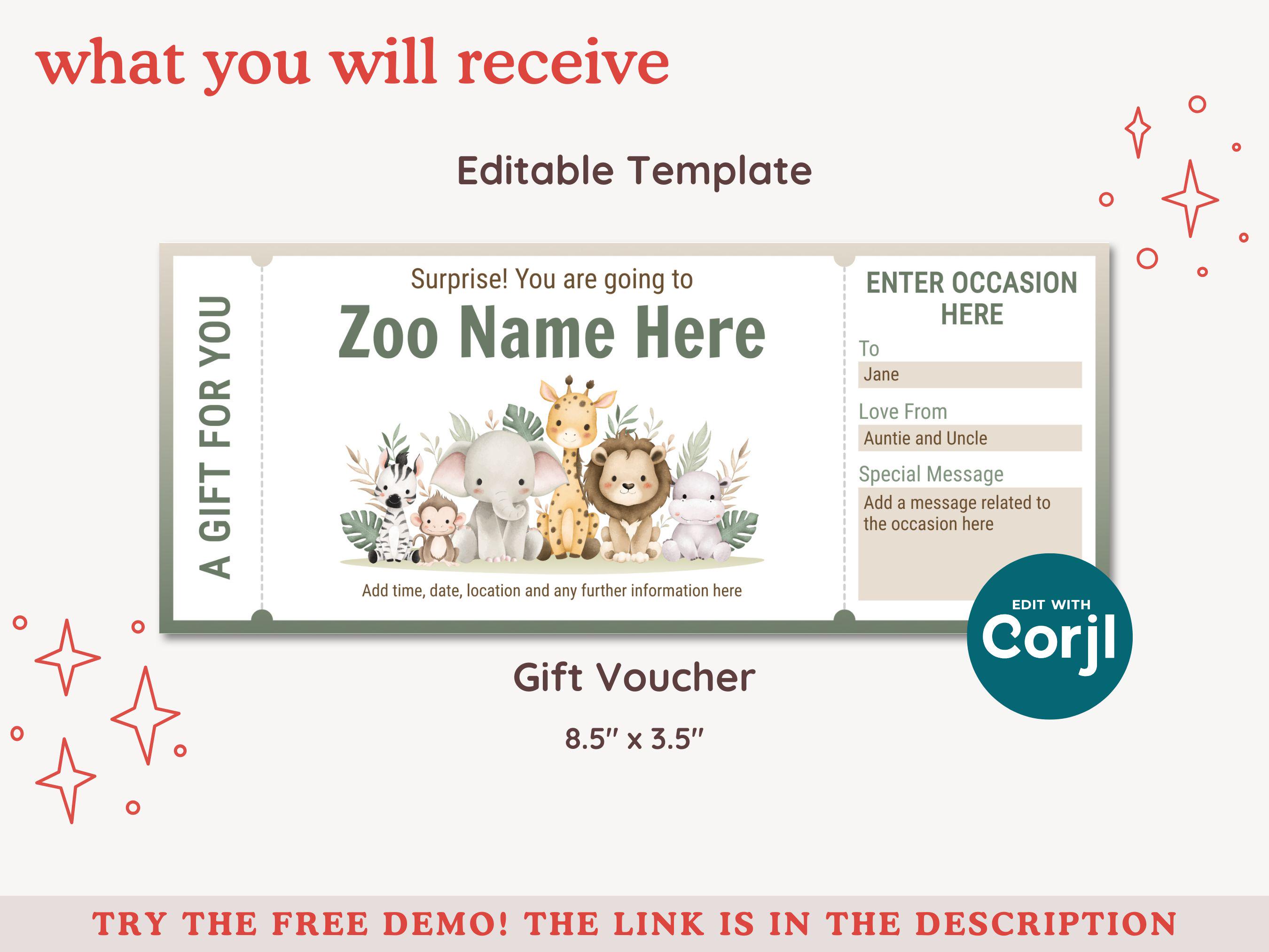 Editable Zoo Gift Voucher Template, Wildlife Safari Park Printable Gift ...