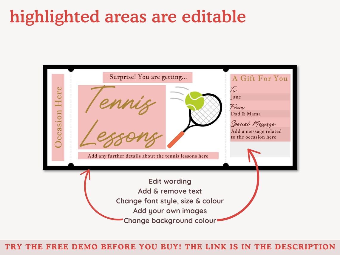 Editable Tennis Lessons Gift Voucher Template, Printable Gift Ticket ...