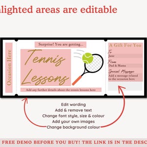 Editable Tennis Lessons Gift Voucher Template, Printable Gift Ticket ...