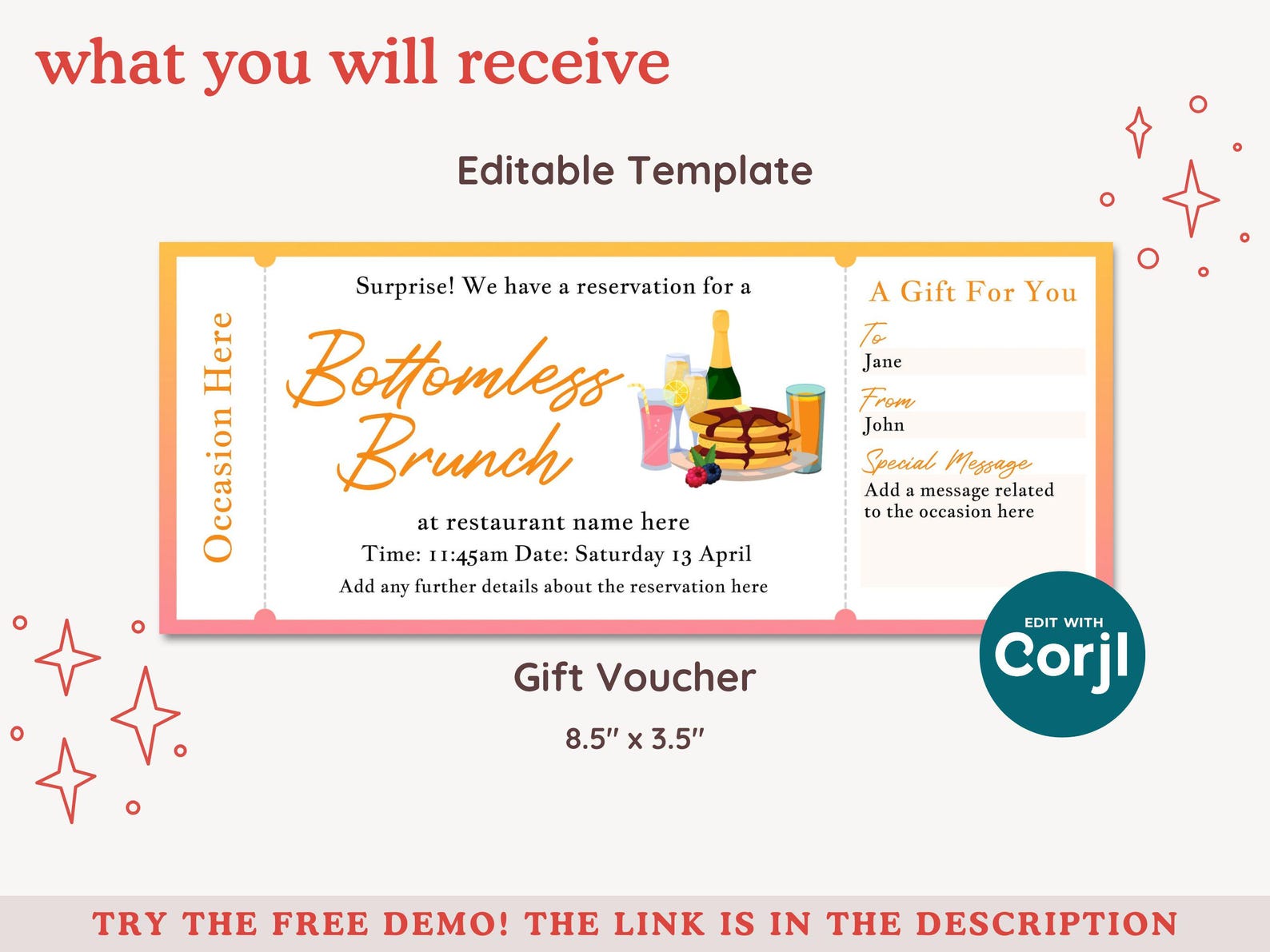 Editable Bottomless Brunch Gift Voucher Template, Printable Gift Voucher Coupon, Prosecco Brunch ...