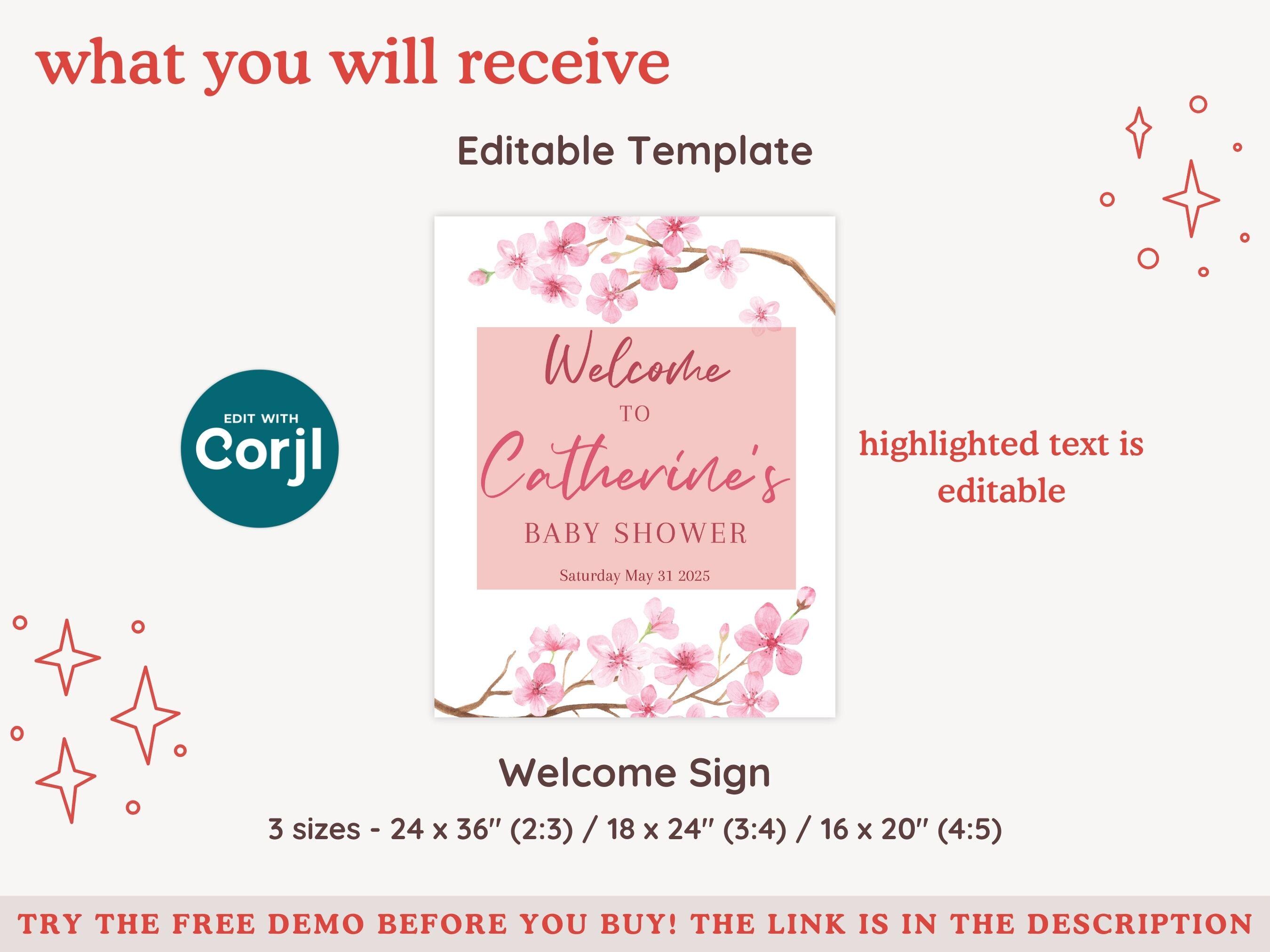 Editable Cherry Blossom Baby Shower Welcome Sign, Sakura Pink Spring ...