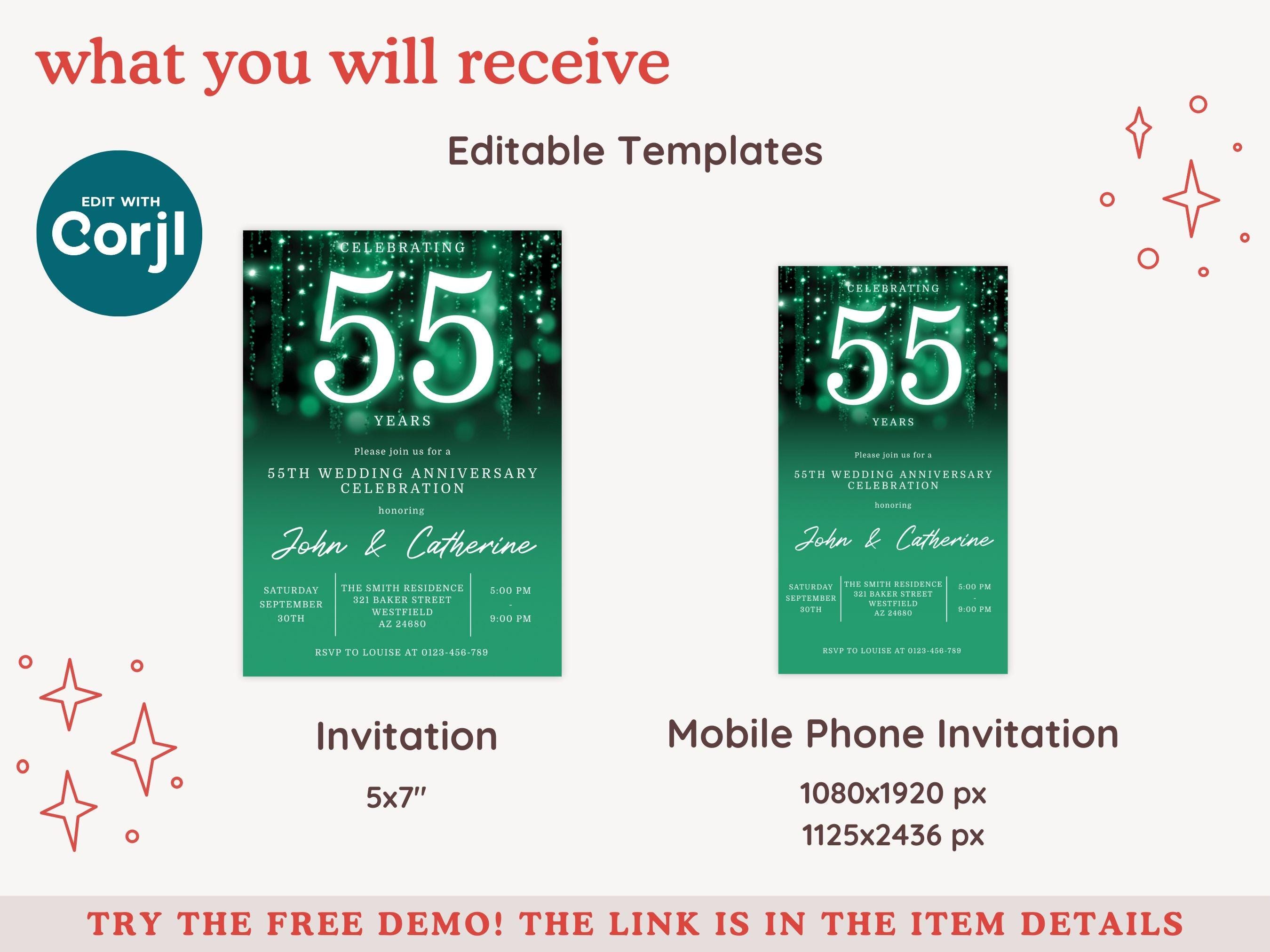 Editable 55th Anniversary Invitation Template, Printable 55th Wedding ...