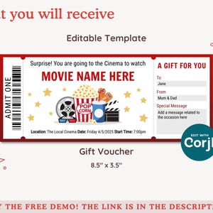 Editable Cinema Ticket Gift Voucher Template, Printable Movie Theater ...