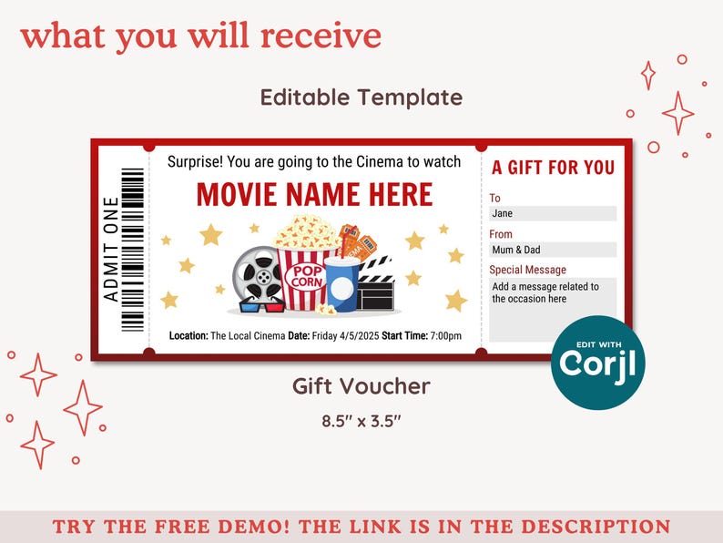 Editable Cinema Ticket Gift Voucher Template, Printable Movie Theater ...