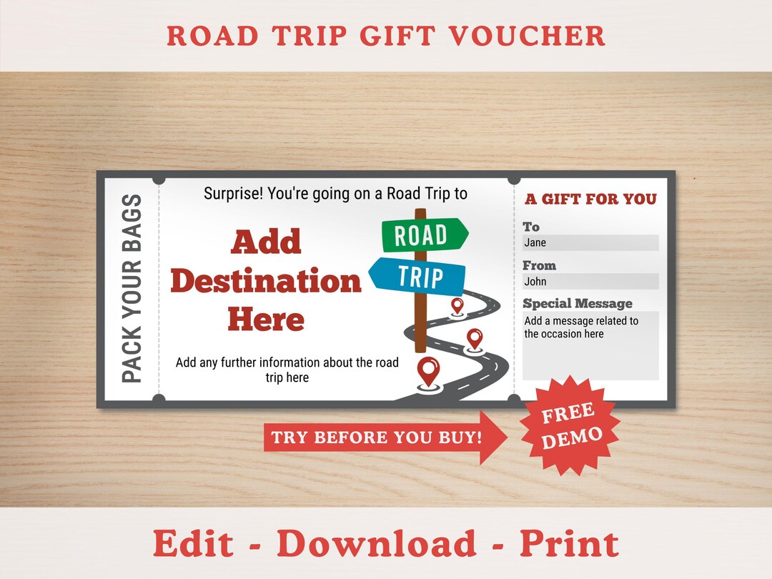Editable Road Trip Gift Voucher Template, Printable Weekend Getaway ...