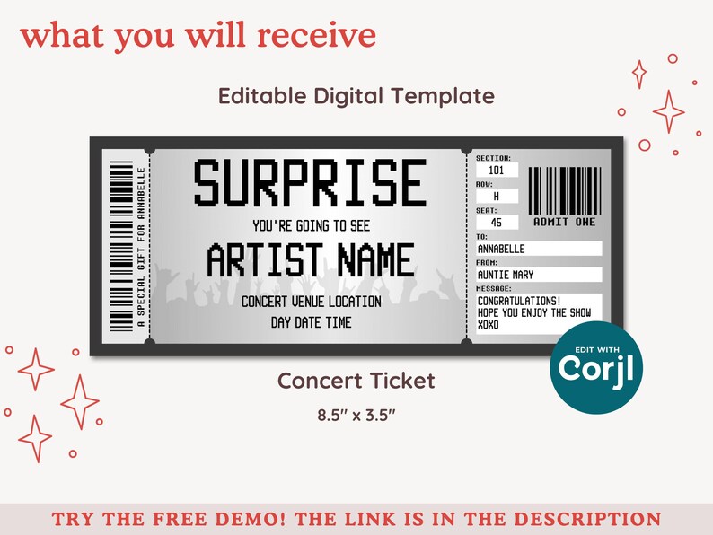 Editable Concert Ticket Template, Printable Concert Ticket, Surprise ...