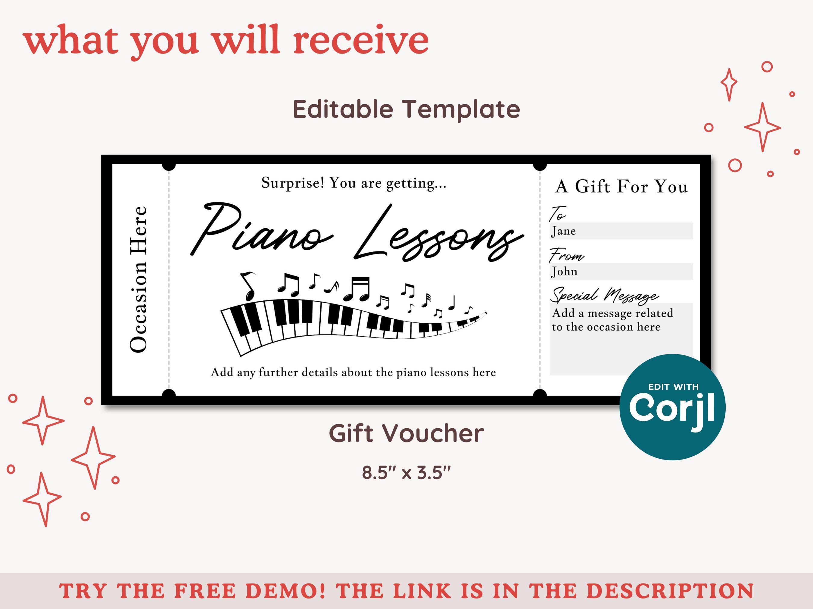 Editable Piano Lessons Gift Voucher Template, Printable Gift Ticket ...