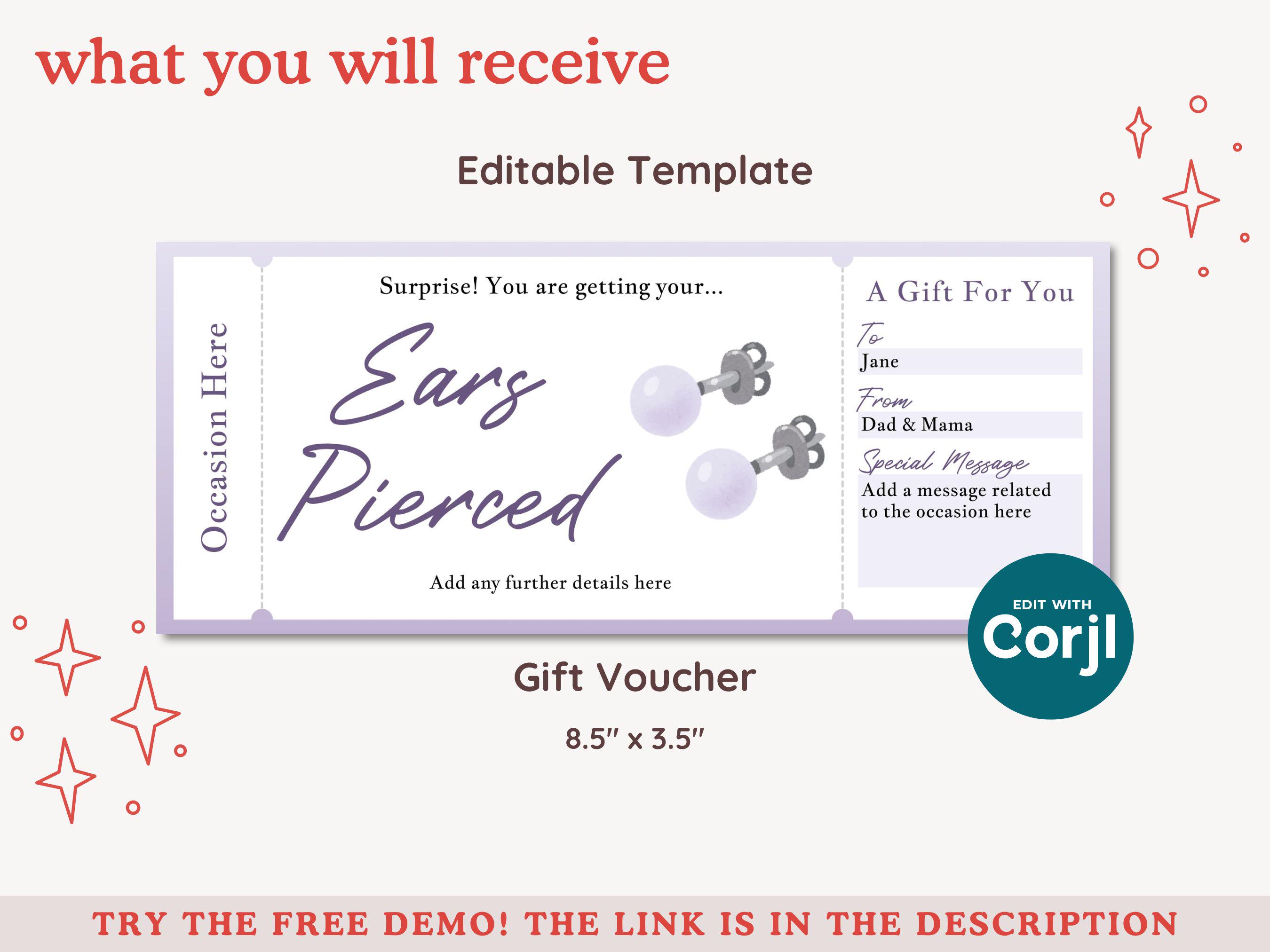 Editable Ears Pierced Gift Voucher Template, Ear Piercing Printable ...