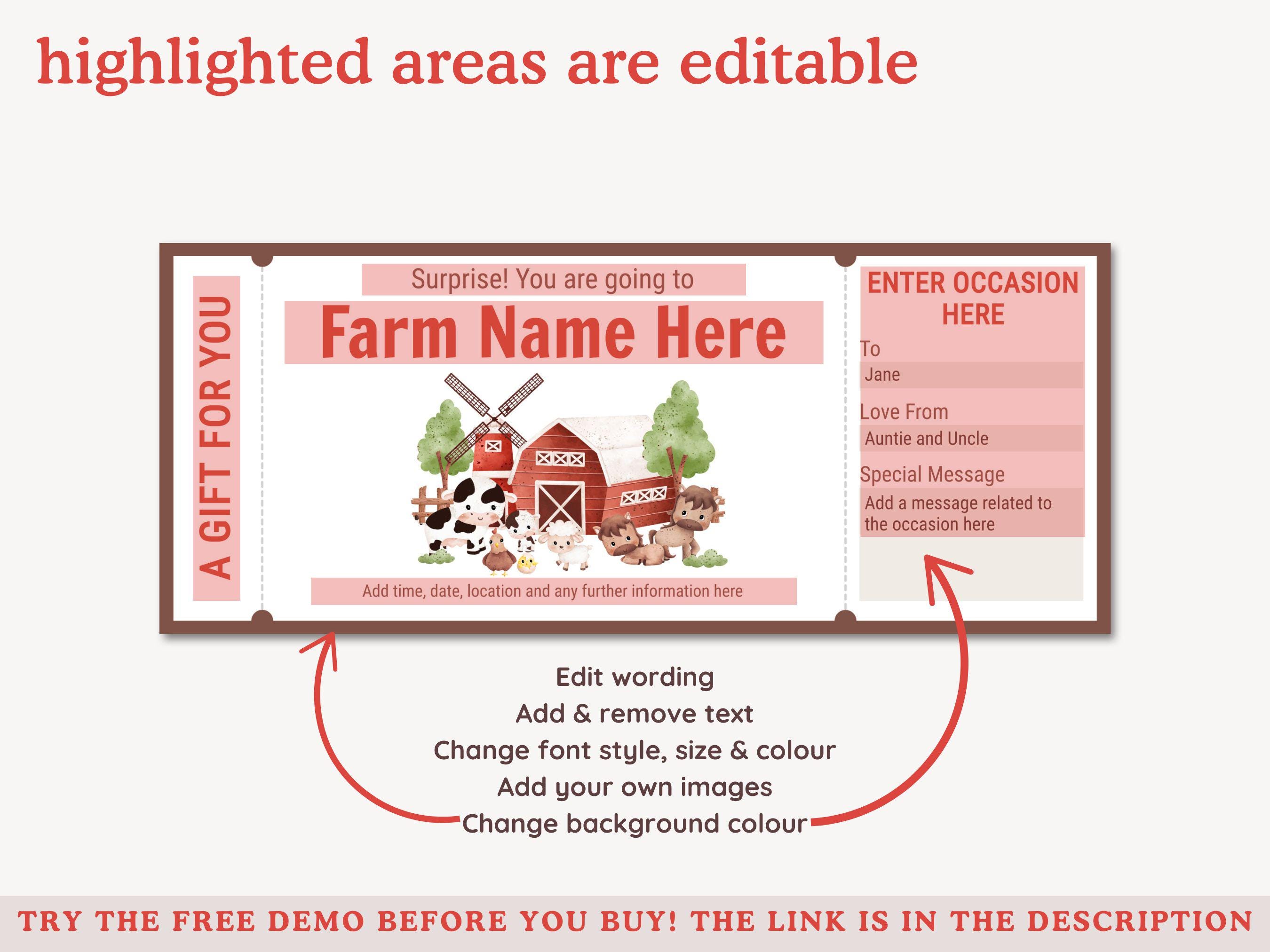 Editable Farm Gift Voucher Template, Petting Farm Printable Gift Ticket ...