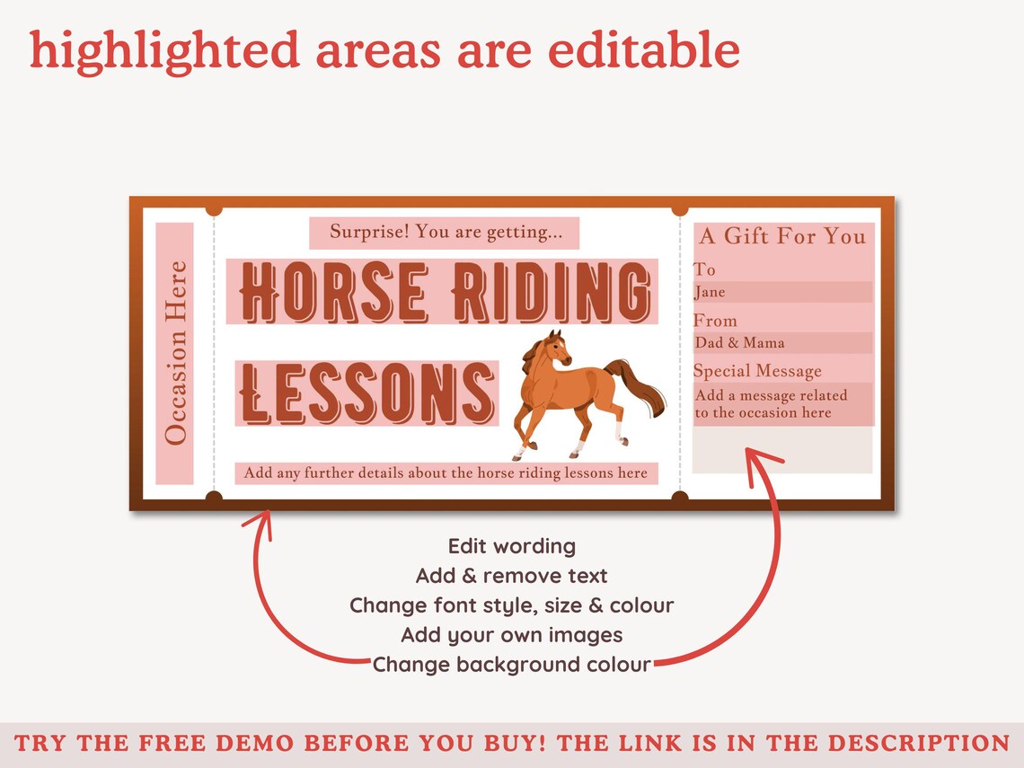 Editable Horse Riding Lessons Lessons Gift Voucher Template, Printable ...