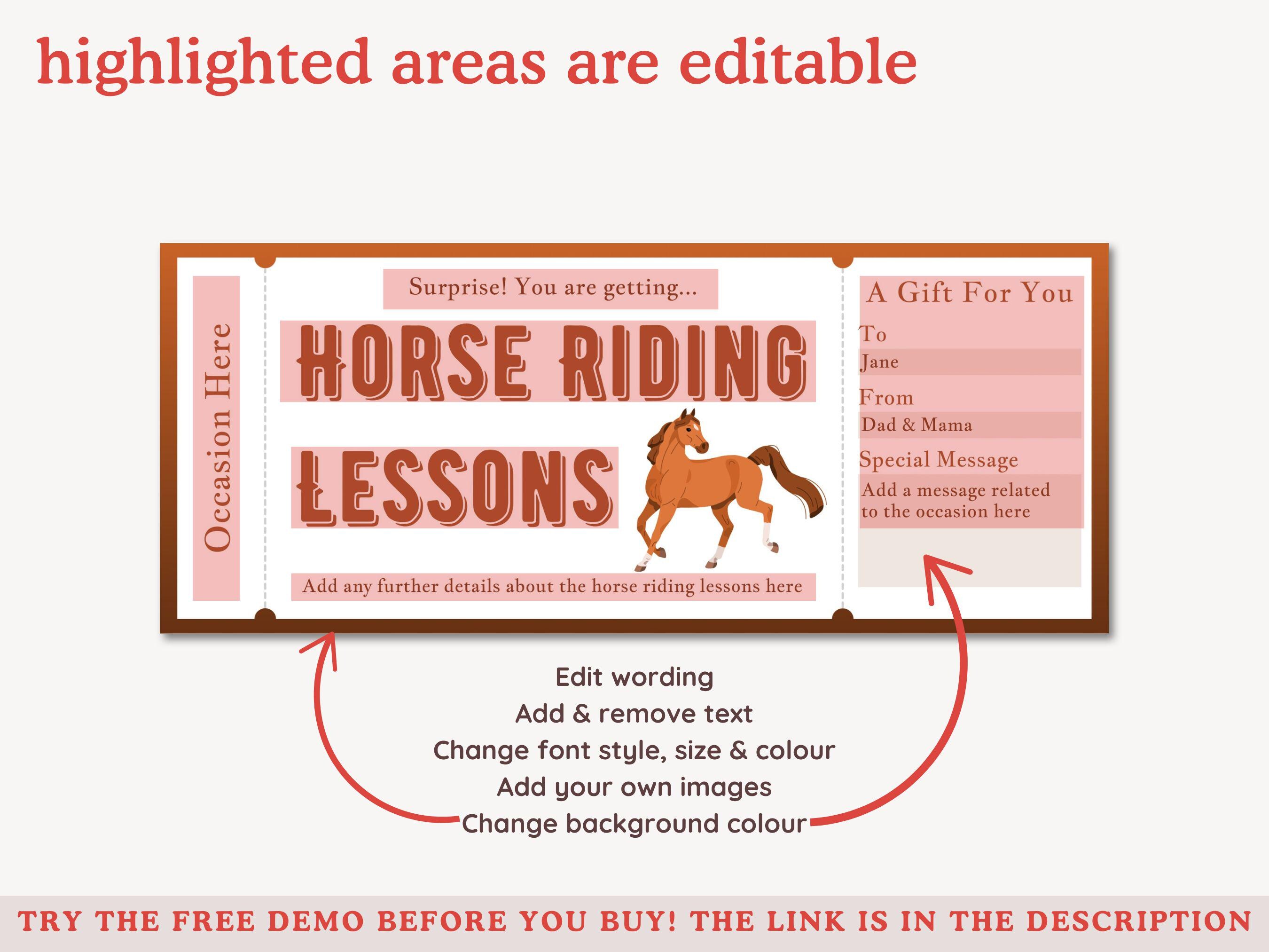 Editable Horse Riding Lessons Lessons Gift Voucher Template, Printable ...