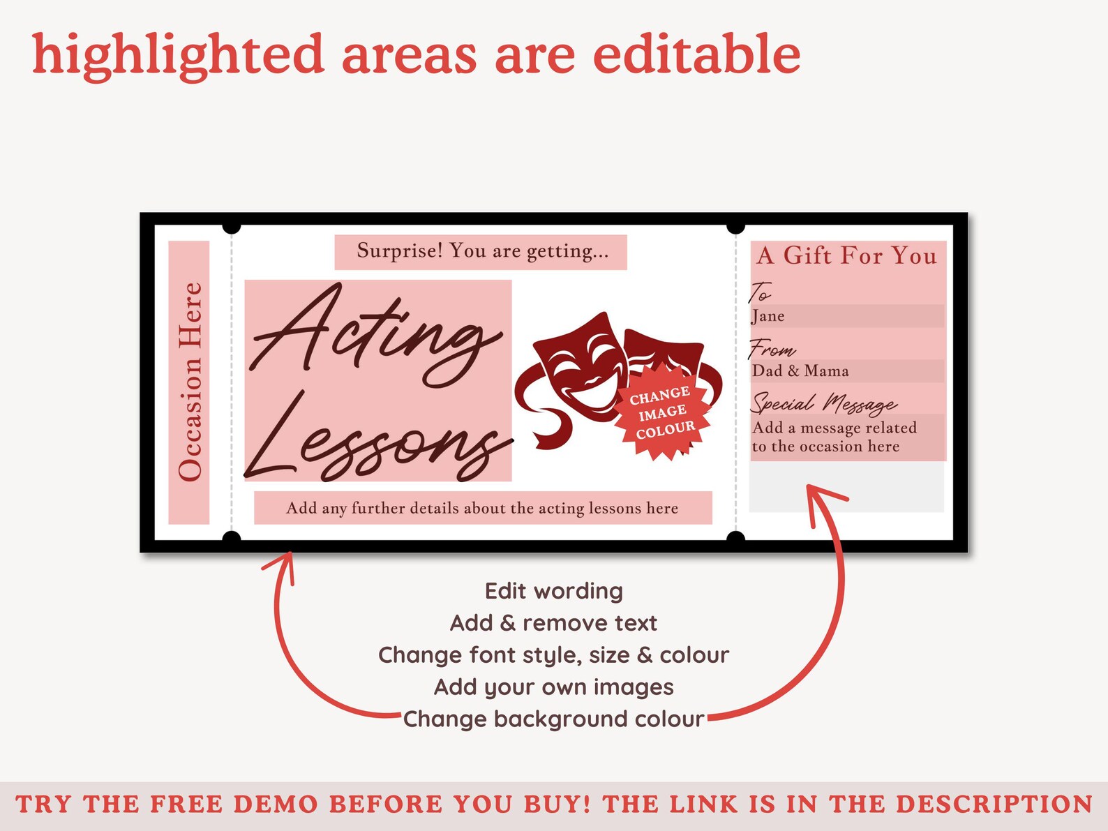 Editable Acting Lessons Gift Voucher Template, Printable Gift Ticket ...