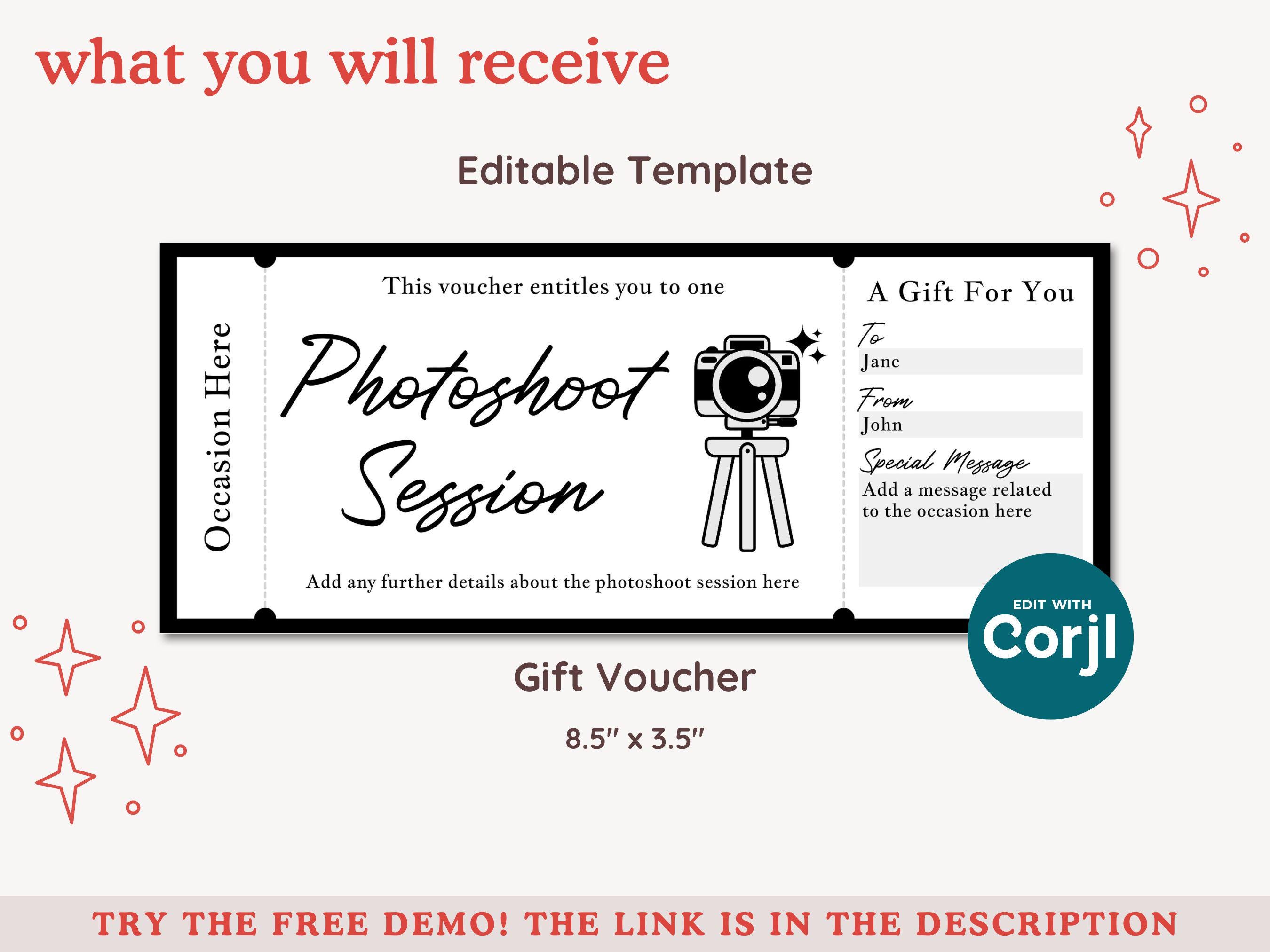 Editable Photoshoot Session Gift Voucher Template, Printable Gift ...