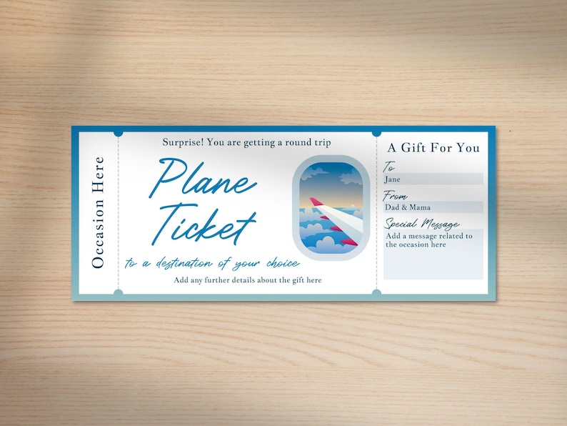 Editable Plane Ticket Gift Voucher Template, Printable Surprise Flight ...