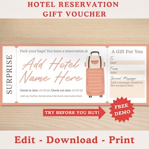 Editable Hotel Reservation Gift Voucher Template, Printable Gift Ticket, Hotel Staycation, Hotel ...