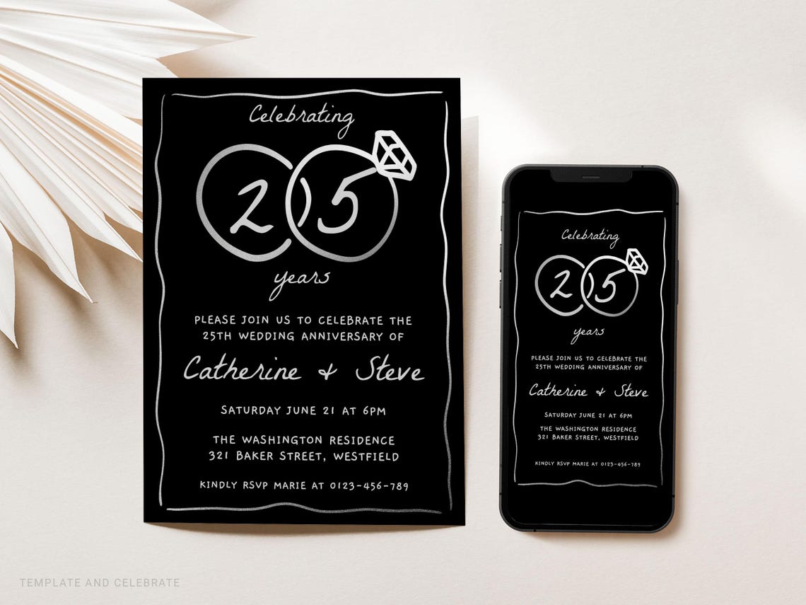 Editable 25th Anniversary Invitation Template, Printable 25th Wedding ...