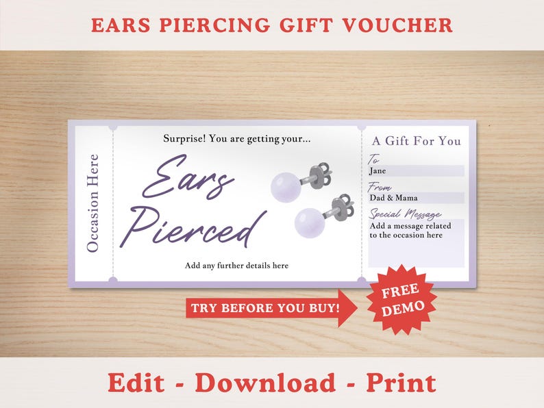 Editable Ears Pierced Gift Voucher Template, Ear Piercing Printable ...
