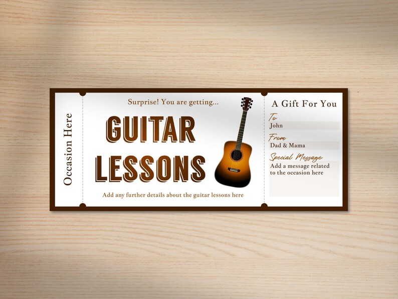 Editable Guitar Lessons Gift Voucher Template, Printable Gift Ticket ...