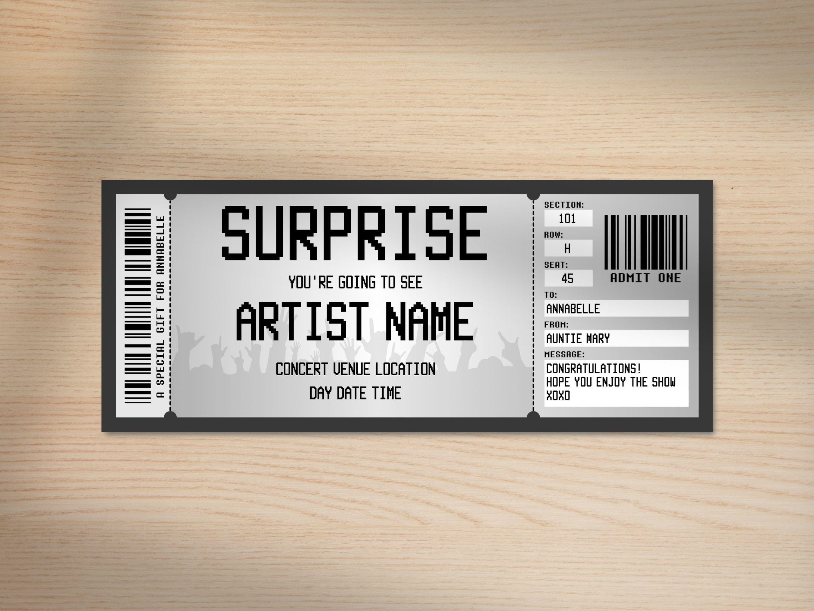Editable Concert Ticket Template, Printable Concert Ticket, Surprise ...