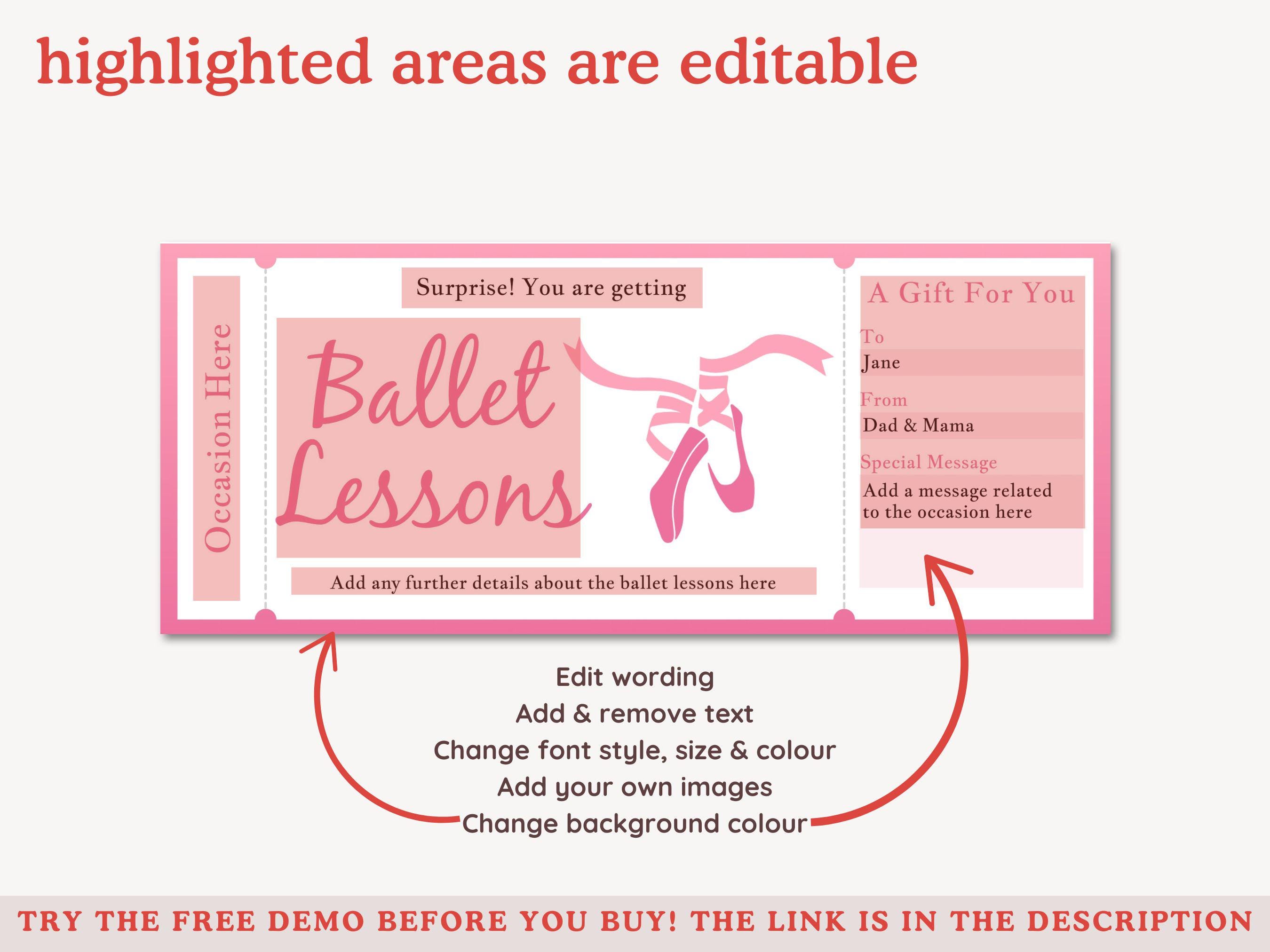 Editable Ballet Lessons Gift Voucher Template, Ballet Classes Printable ...