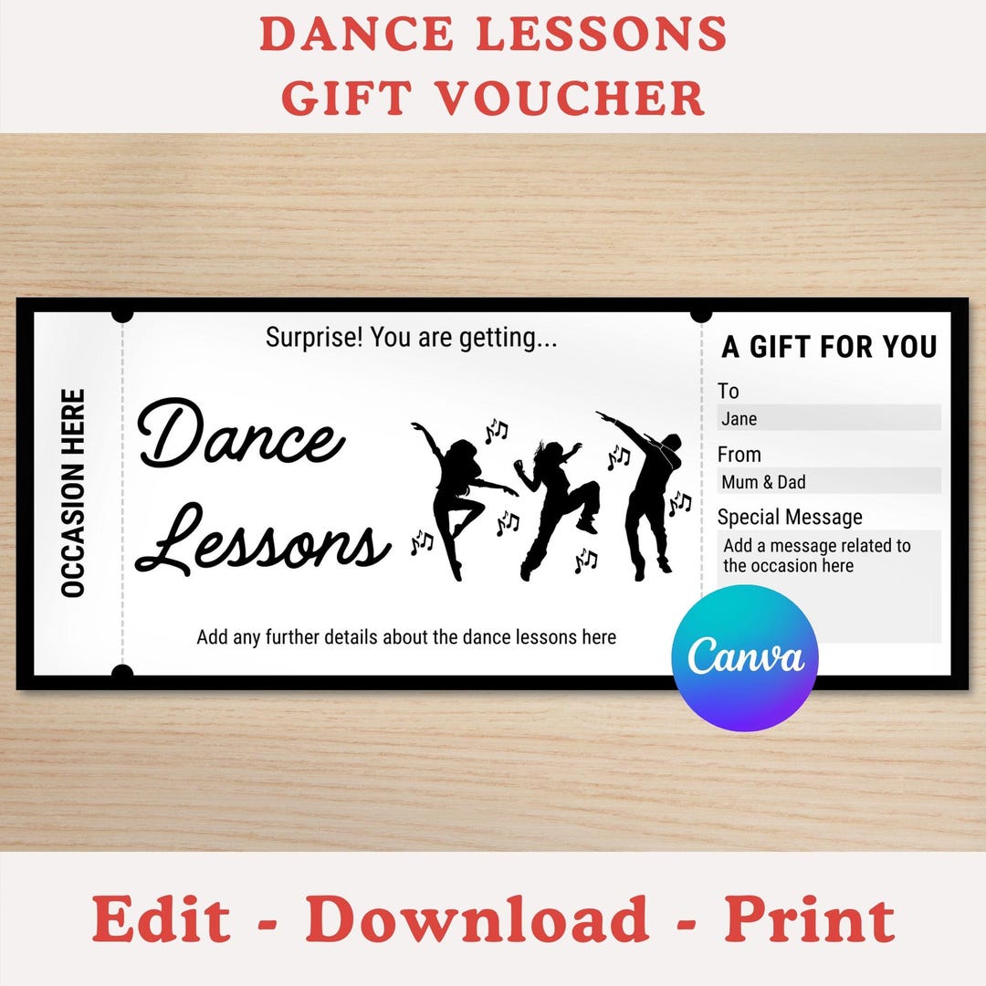 Editable Dance Lessons Gift Voucher Template, Dance Classes Gift Ticket ...