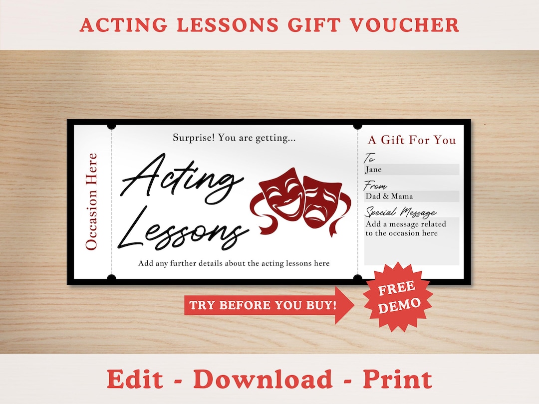 Editable Acting Lessons Gift Voucher Template, Printable Gift Ticket ...