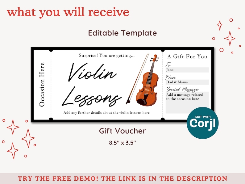 Editable Violin Lessons Gift Voucher Template, Printable Gift Ticket ...