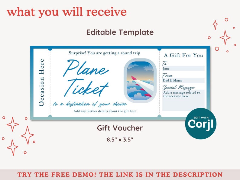 Editable Plane Ticket Gift Voucher Template, Printable Surprise Flight ...