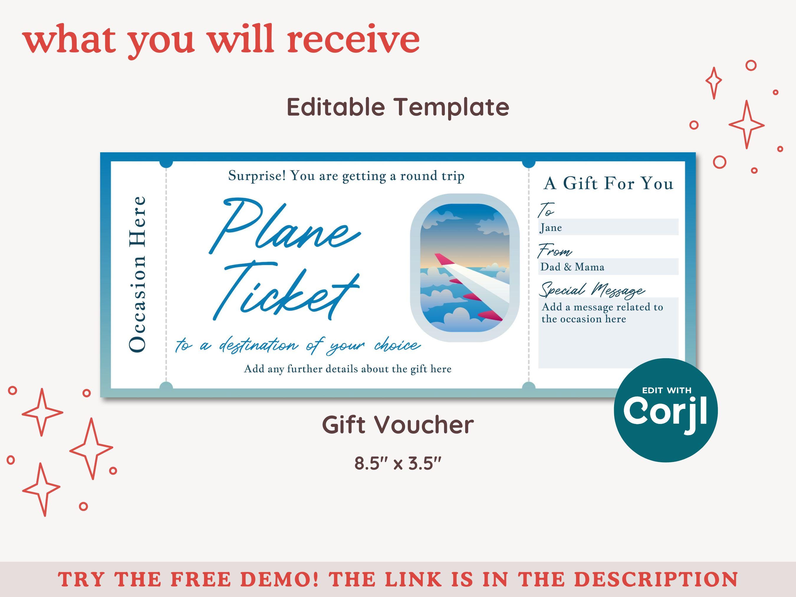 Editable Plane Ticket Gift Voucher Template, Printable Surprise Flight ...