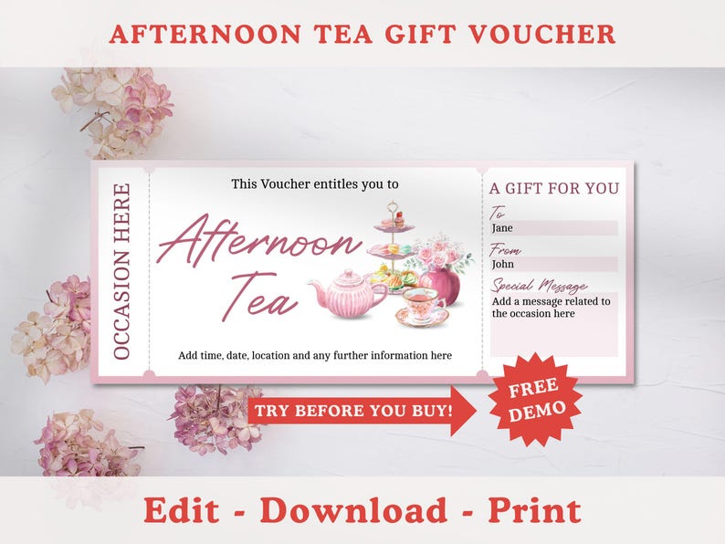Editable Afternoon Tea Gift Voucher Template, Printable Gift Voucher ...