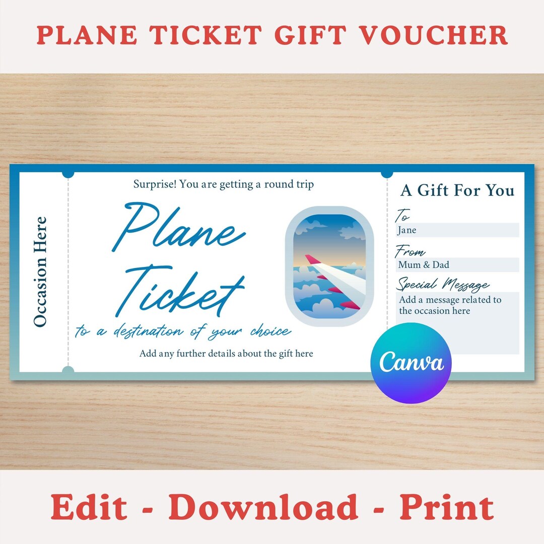 Editable Plane Ticket Gift Voucher Template, Surprise Flight Airplane ...